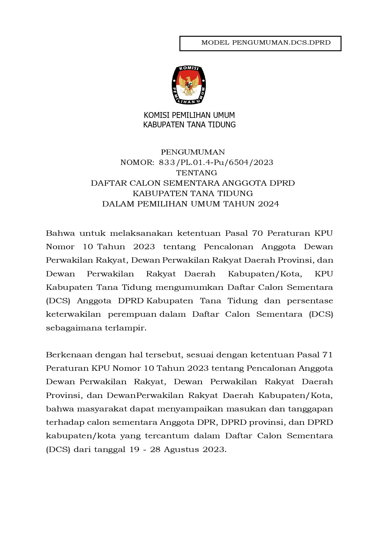 PENGUMUMAN DAFTAR CALON SEMENTARA (DCS) ANGGOTA DPRD KABUPATEN TANA TIDUNG DALAM PEMILU 2024 ...